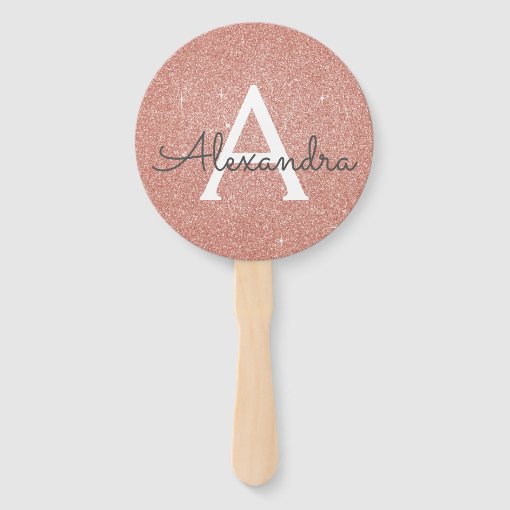 Pink Rose Gold Glitter and Sparkle Monogram Hand Fan | Zazzle