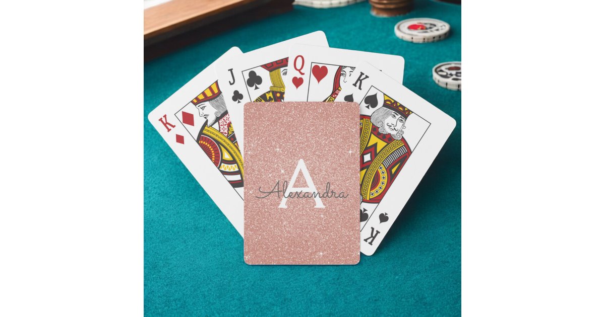 Pink Rose Gold Glitter and Sparkle Monogram Poker Cards | Zazzle