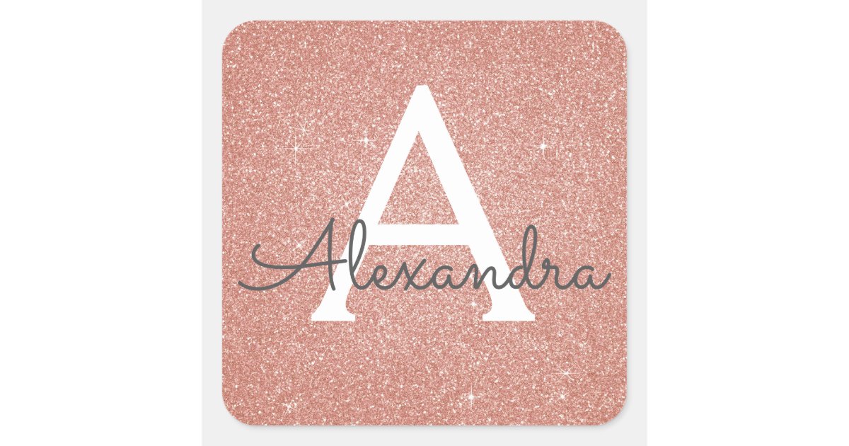 Pink Rose Gold Glitter and Sparkle Monogram Square Sticker | Zazzle