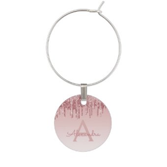 Pink Rose Gold Glitter and Sparkle Monogram Wine Charm | Zazzle
