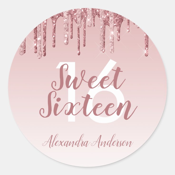 Pink Rose Gold Glitter and Sparkle Sweet 16 Classic Round Sticker | Zazzle