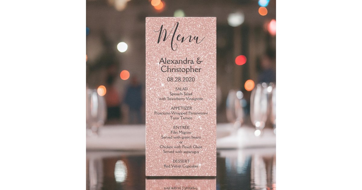 Pink Rose Gold Glitter and Sparkle Wedding Menu | Zazzle