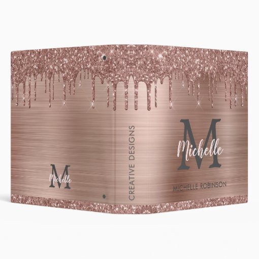 Pink Rose Gold Glitter Drips Name School Office 3 Ring Binder | Zazzle