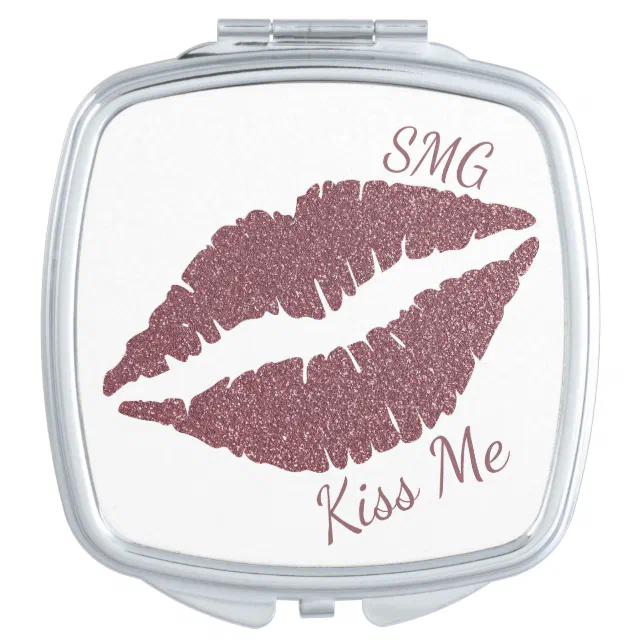 Pink Rose Gold Glitter Lips Kiss Me w Initials Compact Mirror | Zazzle