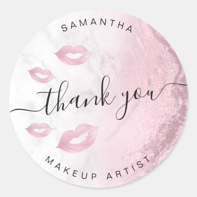 Pink rose gold glitter lips marble makeup artist classic round sticker ...