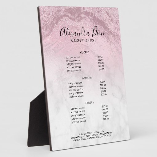 Pink rose gold glitter marble makeup services plaque | Zazzle