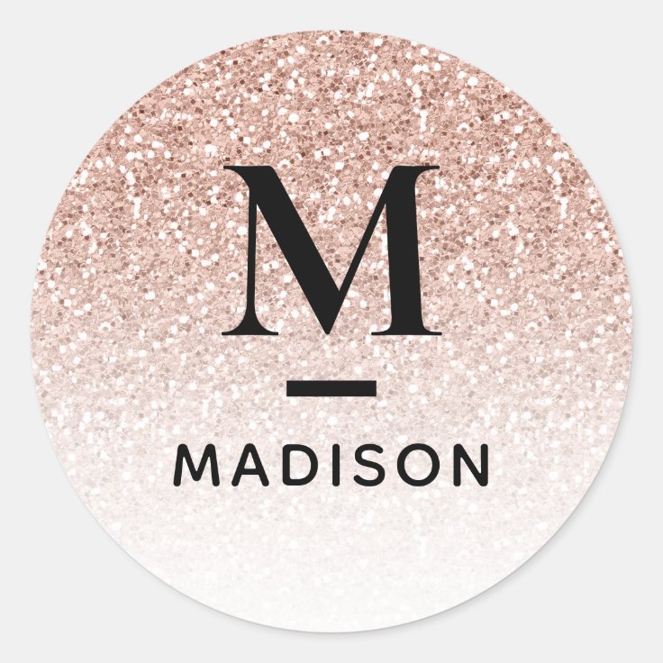 Pink Rose Gold Glitter Ombre Modern Monogram Name Classic Round Sticker ...