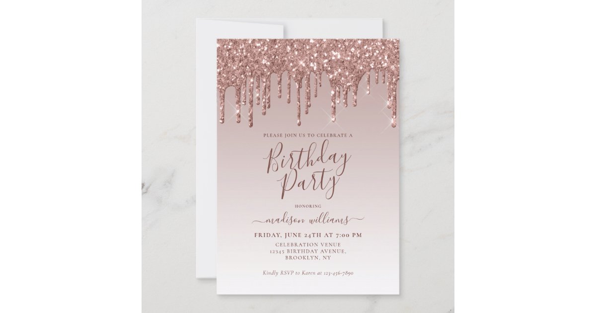 Pink Rose Gold Glitter Sparkle Dripping Birthday Invitation | Zazzle