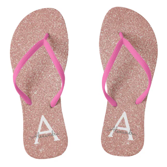 Pink Rose Gold Glitter & Sparkle Monogram Flip Flops | Zazzle