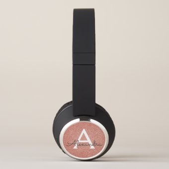 Pink Rose Gold Glitter & Sparkle Monogram Headphones | Zazzle