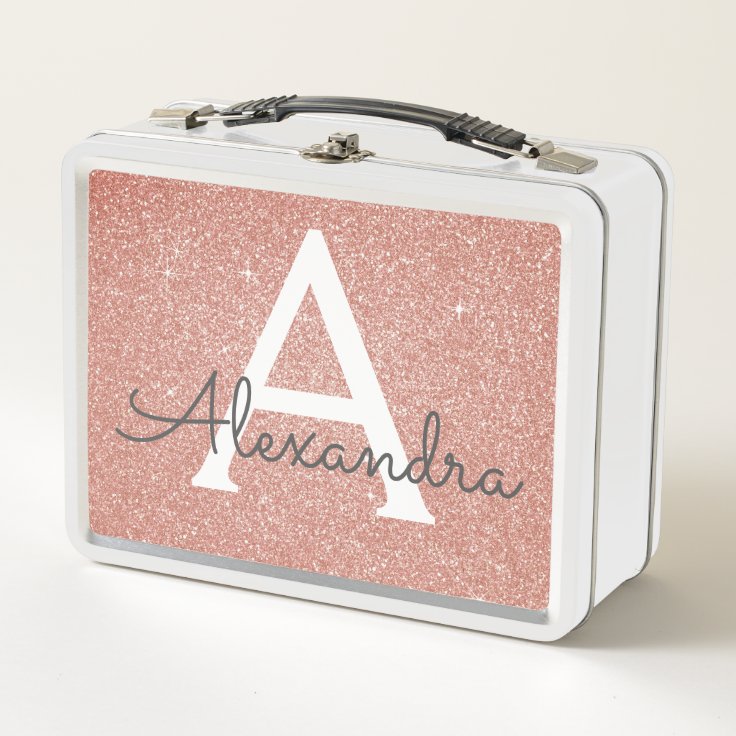 Pink Rose Gold Glitter & Sparkle Monogram Metal Lunch Box | Zazzle