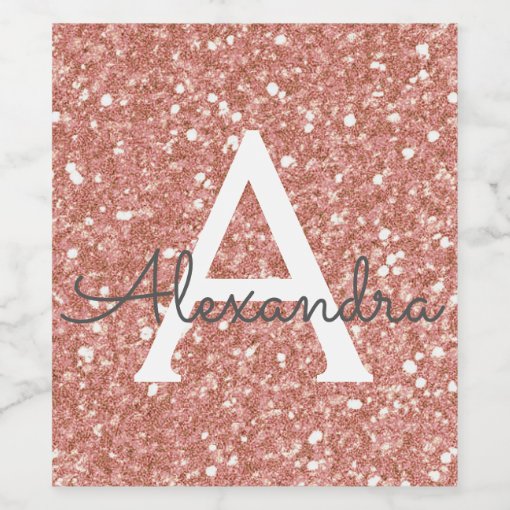 Pink Rose Gold Glitter & Sparkle Monogram Wine Label | Zazzle