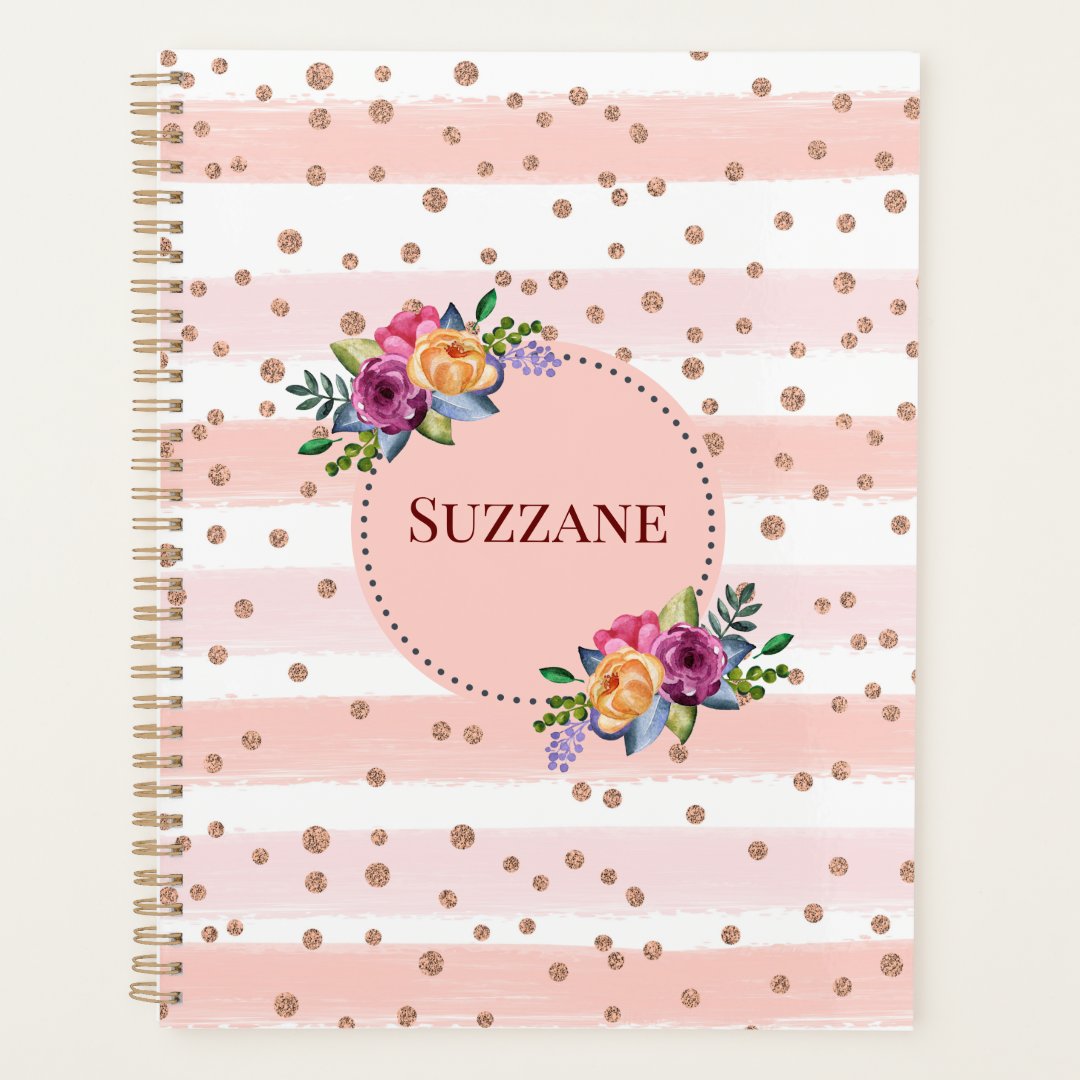 Pink Rose Gold Glitter Stripes Floral Pattern Planner | Zazzle