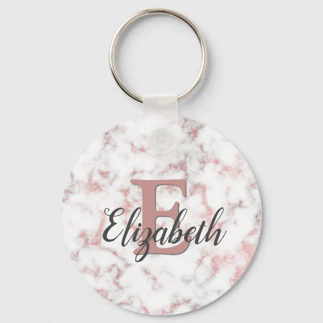 Pink Rose Gold Marble Monogram Keychain | Zazzle