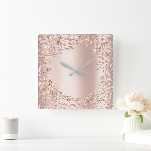 Pink Rose Gold Metallic Floral Glitter Blush Girly Square Wall Clock ...