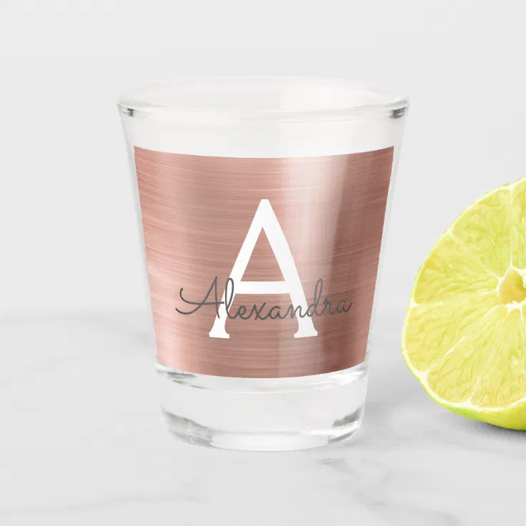 Pink Rose Gold Modern Metallic Monogram Birthday Shot Glass | Zazzle