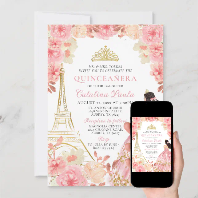 Pink Rose Gold Tiara Paris Quinceañera Invitation | Zazzle
