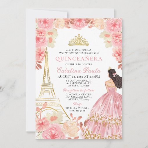 Pink Rose Gold Tiara Paris Quinceañera Invitation | Zazzle