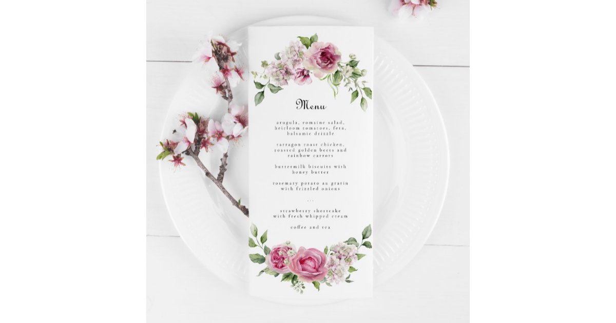 Pink Rose Greenery Floral Arch Wedding or Birthday Menu | Zazzle