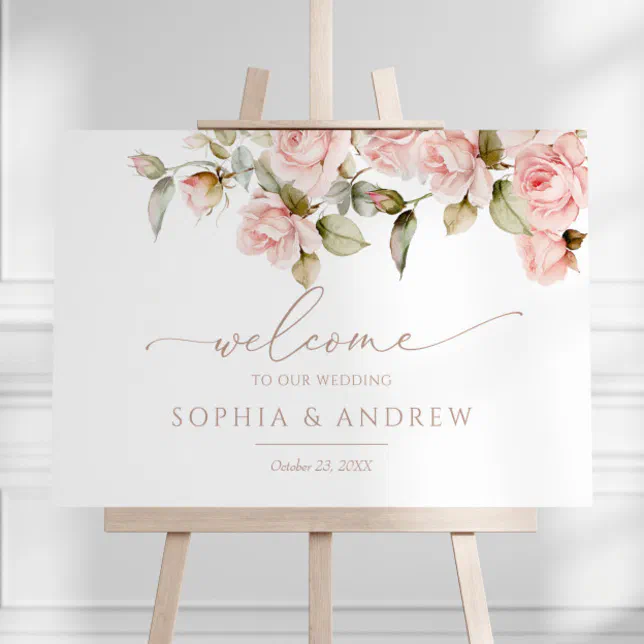 Pink Rose & Greenery Wedding Welcome Sign | Zazzle
