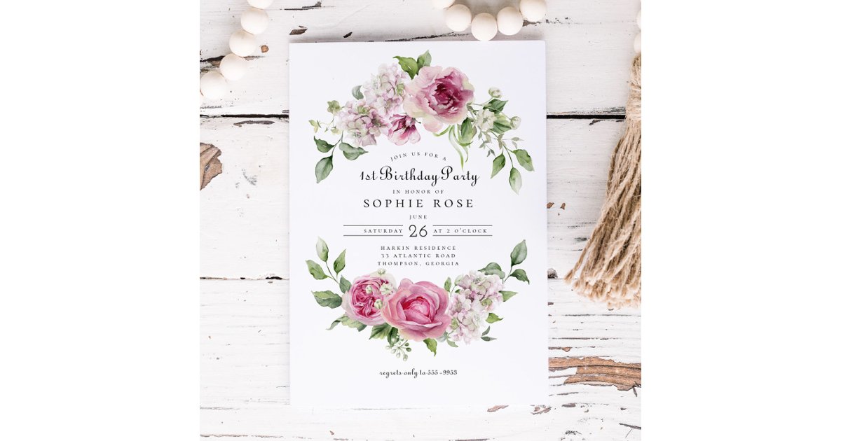 Pink Rose Hydrangea Floral Arch 1st Birthday Party Invitation | Zazzle