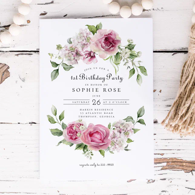 Pink Rose Hydrangea Floral Arch 1st Birthday Party Invitation | Zazzle