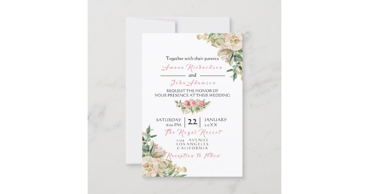 Pink Rose Ivory Creamy Gold Floral Roses Wedding Invitation | Zazzle