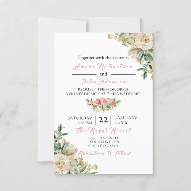 Pink Rose Ivory Creamy Gold Floral Roses Wedding Invitation | Zazzle