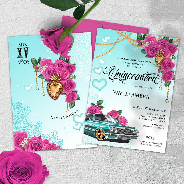 Pink Rose Milagro Heart Chola Lowrider Quinceanera Invitation | Zazzle
