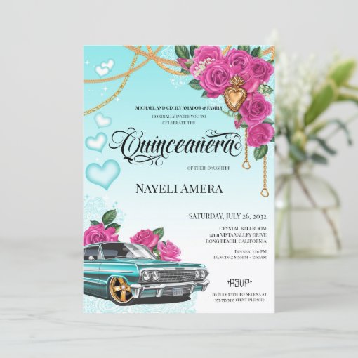 Pink Rose Milagro Heart Chola Lowrider Quinceanera Invitation | Zazzle