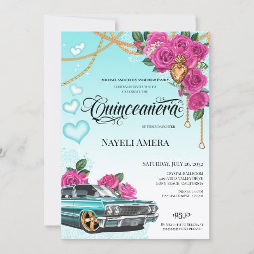 Pink Rose Milagro Heart Chola Lowrider Quinceanera Invitation | Zazzle