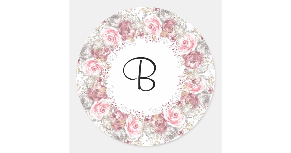 Pink Rose Monogram Classic Round Sticker | Zazzle