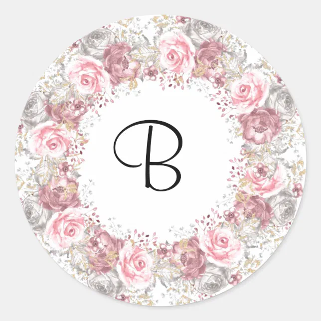 Pink Rose Monogram Classic Round Sticker | Zazzle