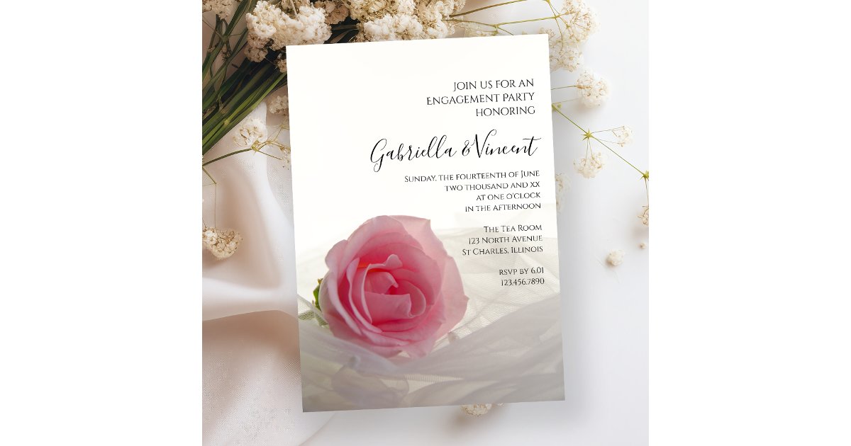 Pink Rose on White Engagement Party Invitation | Zazzle