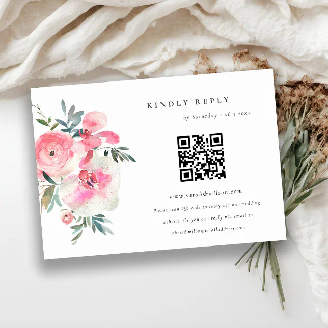 Pink Rose Orchid Floral Wedding QR Code RSVP Enclosure Card | Zazzle