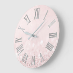 Pink Rose Pastel Powder Glitter Roman Numbers Large Clock | Zazzle