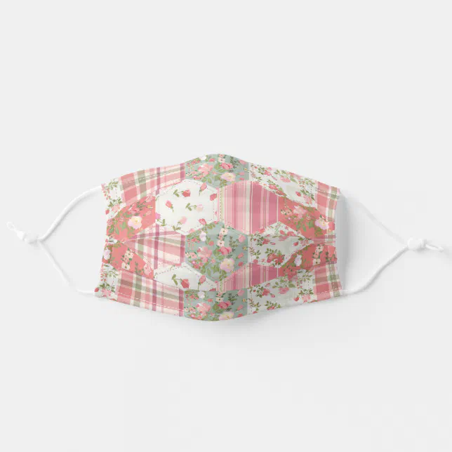 Pink Rose Patchwork Quilt Pattern Adult Cloth Face Mask | Zazzle