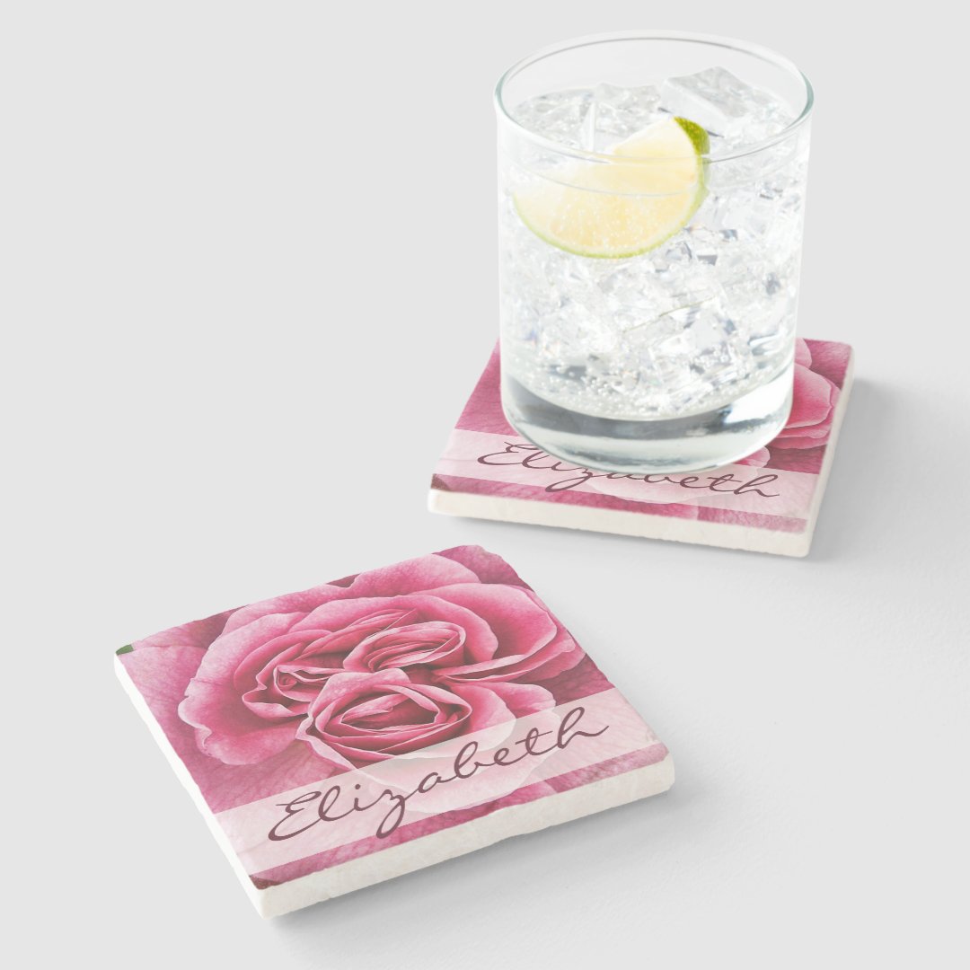 Pink Rose Personalized Stone Coaster | Zazzle
