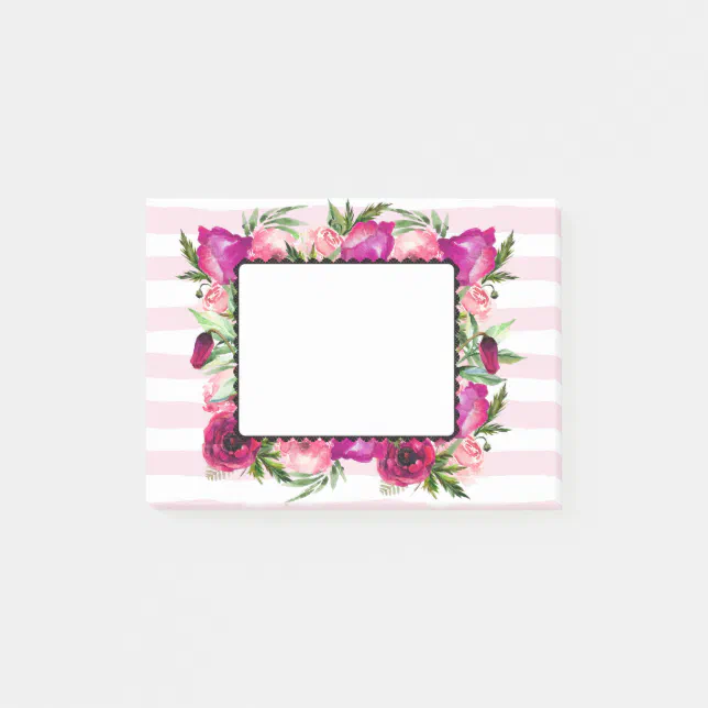 Pink Rose & Poppy Floral Bouquet on Pink Stripes Post-it Notes | Zazzle