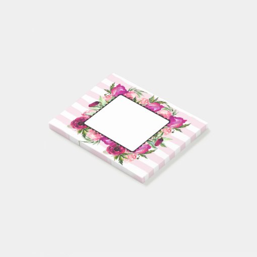 Pink Rose & Poppy Floral Bouquet on Pink Stripes Post-it Notes | Zazzle