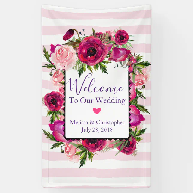 Pink Rose & Poppy Floral Wedding Welcome Banner | Zazzle