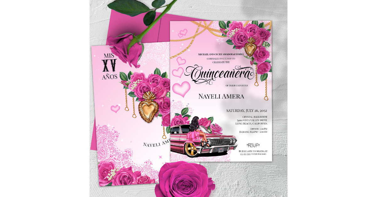 Pink Rose Quinceanera Pink Lowrider Chola Chicana Invitation | Zazzle