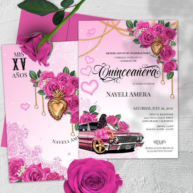 Pink Rose Quinceanera Pink Lowrider Chola Chicana Invitation | Zazzle