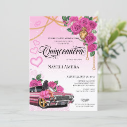 Pink Rose Quinceanera Pink Lowrider Chola Chicana Invitation | Zazzle