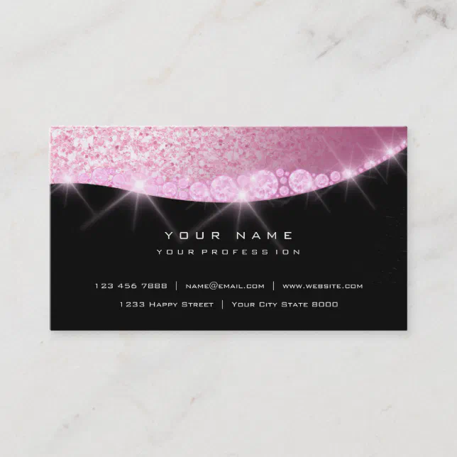 Pink Rose Sparkly Diamond Glitter Glam Black Business Card | Zazzle