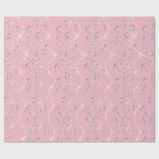 Pink Rose Sparkly Laurel Floral Silver Diamonds Wrapping Paper | Zazzle