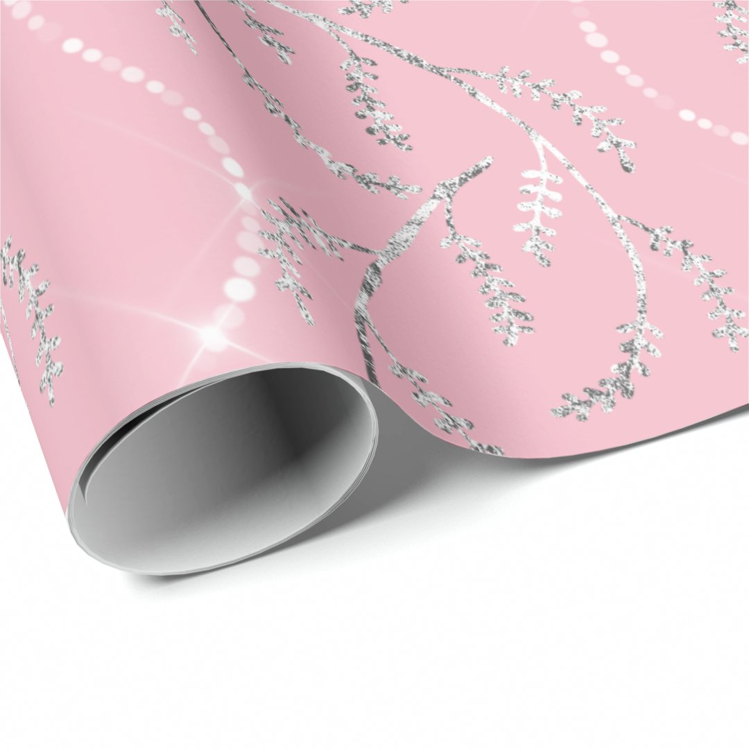 Pink Rose Sparkly Laurel Floral Silver Diamonds Wrapping Paper | Zazzle