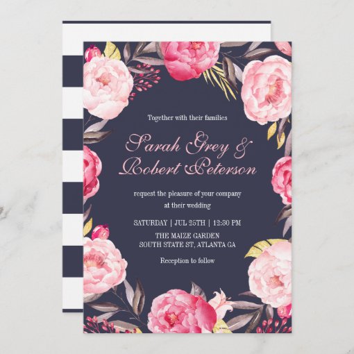 Pink Rose Stripes and Floral Wedding Invitation | Zazzle