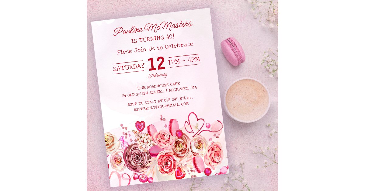 Pink Rose Swirly Heart Valentine's 40th Birthday Invitation | Zazzle