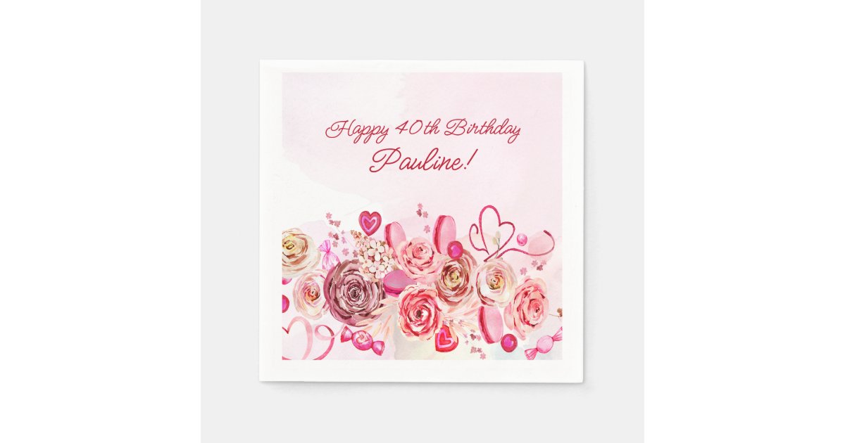 Pink Rose Swirly Heart Valentine's 40th Birthday Napkins | Zazzle